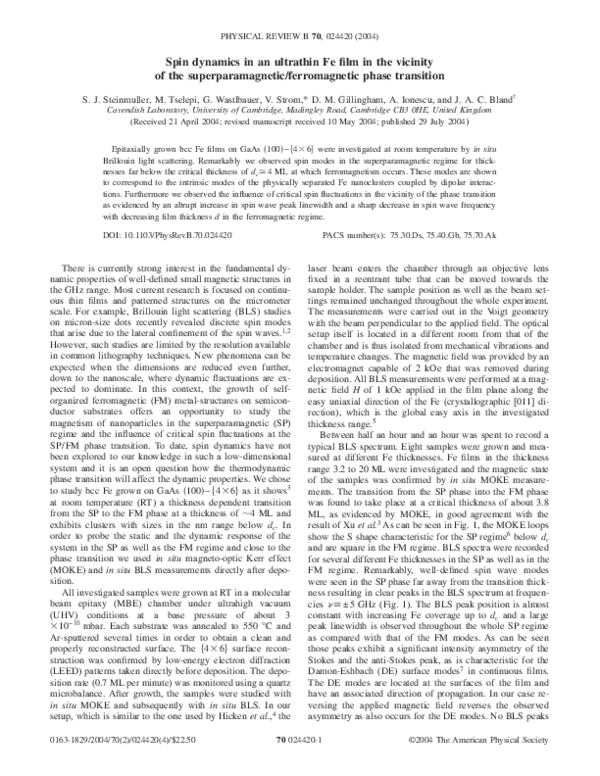 (PDF) Spin dynamics in an ultrathin Fe film in the vicinity of the superparamagnetic ...