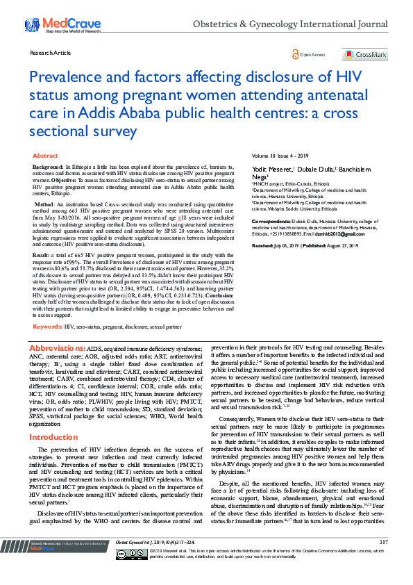(PDF) Prevalence and factors affecting disclosure of HIV status among pregnant women attending ...