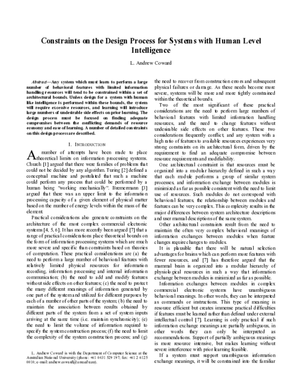 (PDF) Constraints on the Design Process for Systems with Human Level Intelligence