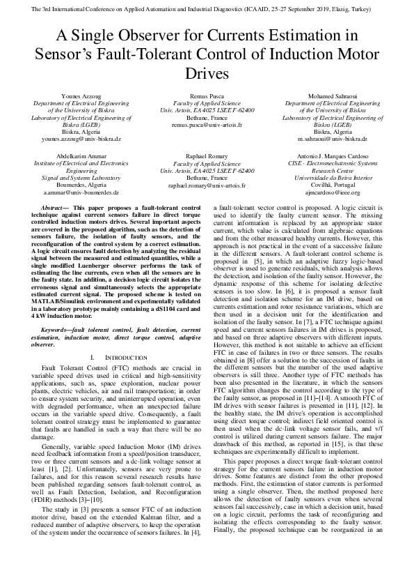 Pdf A Single Observer For Currents Estimation In Sensors Fault Tolerant Control Of Induction
