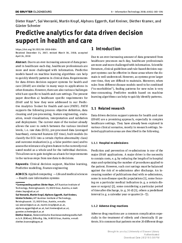 (PDF) Predictive analytics for data driven decision support in health and care