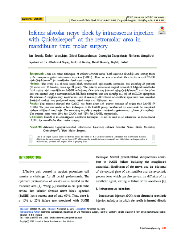 (PDF) Inferior alveolar nerve block by intraosseous injection with ...