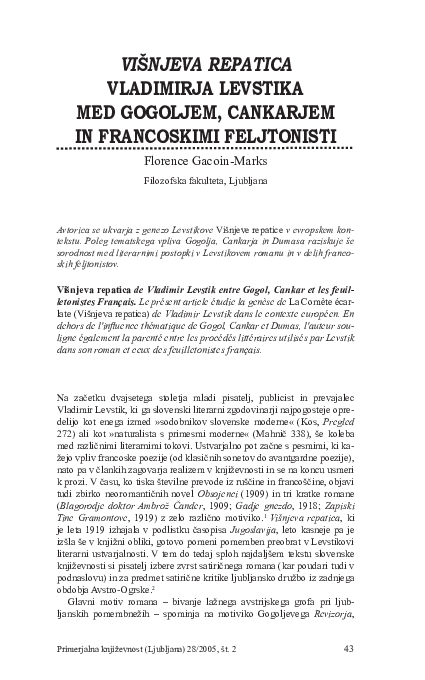 (PDF) Višnjeva repatica Vladimirja Levstika med Gogoljem, Cankarjem in ...
