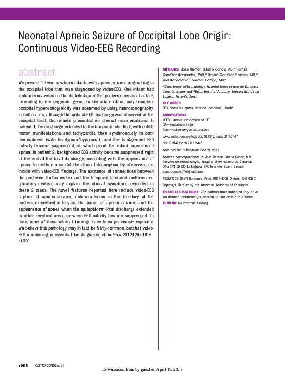 Pdf Neonatal Apneic Seizure Of Occipital Lobe Origin Continuous