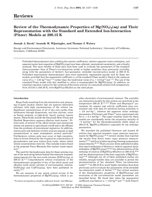 (PDF) Review of the Thermodynamic Properties of Mg(NO3)2(aq) and Their ...