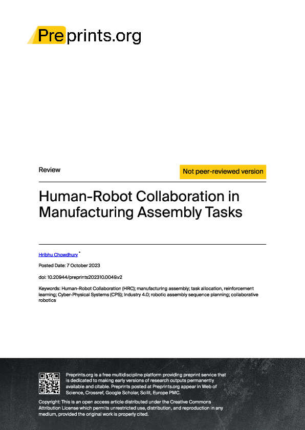 Pdf Human Robot Collaboration In Manufacturing Assembly Tasks