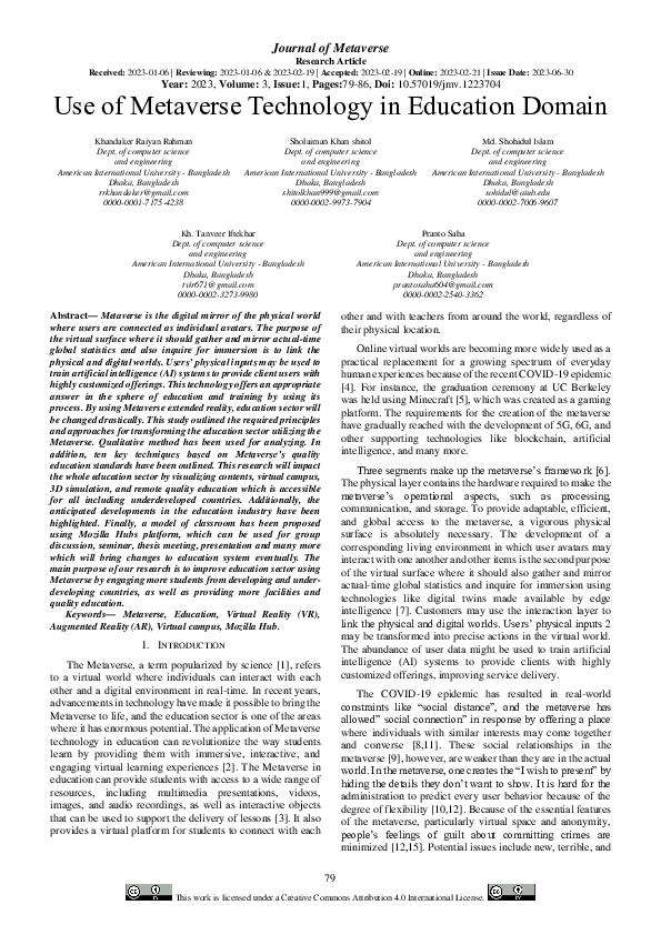 (PDF) Use of Metaverse Technology in Education Domain