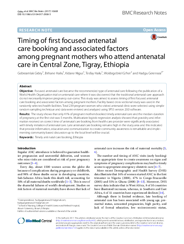 (PDF) Timing of first focused antenatal care booking and associated ...