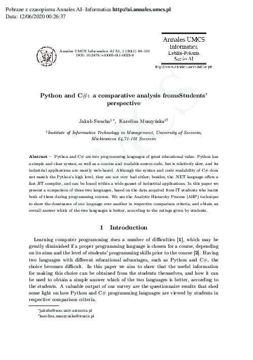 (PDF) Python and C#: a comparative analysis fromsStudents' perspective