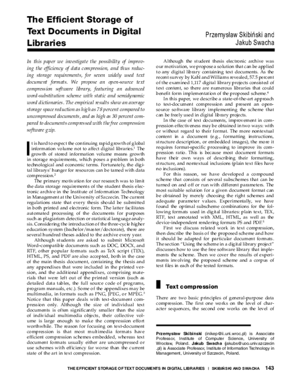 (PDF) The Efficient Storage of Text Documents in Digital Libraries
