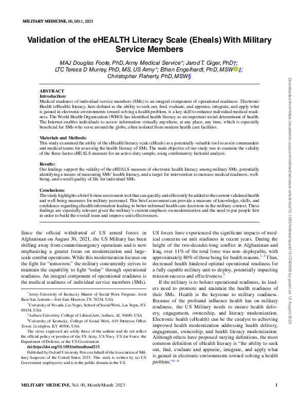 (PDF) Validation of the eHEALTH Literacy Scale (Eheals) With Military ...