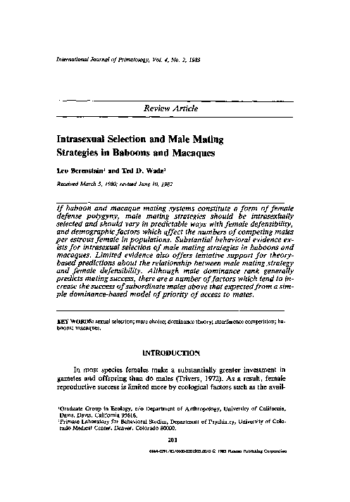 (PDF) Intrasexual selection and male mating strategies in baboons and macaques