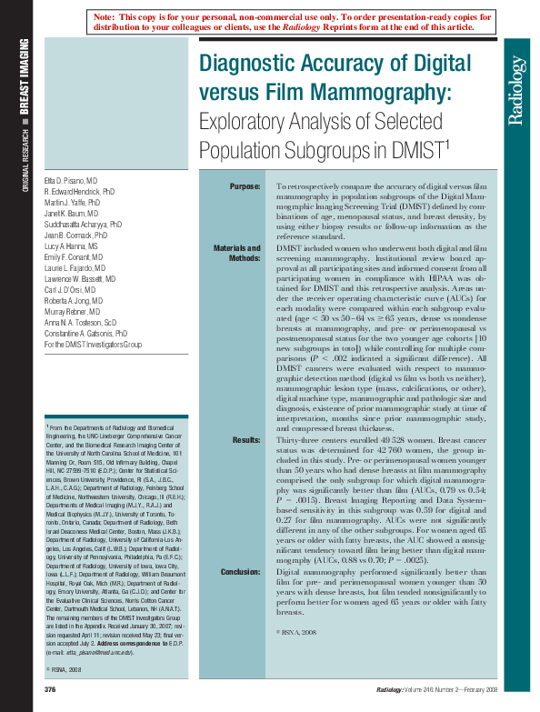 (PDF) Diagnostic Accuracy of Digital versus Film Mammography: Exploratory Analysis of Selected ...