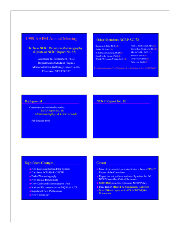 (PDF) The New NCRP Report on Mammography (Update of NCRP Report No. 85)
