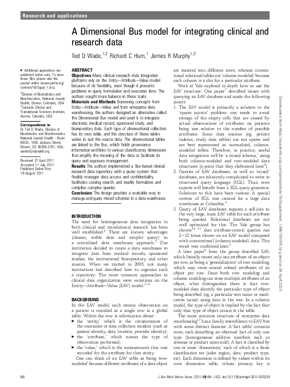 (PDF) A Dimensional Bus model for integrating clinical and research data