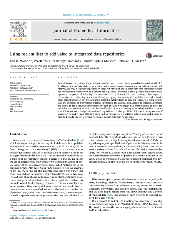 (PDF) Enhancing Integrated Data Repositories with Patient Lists