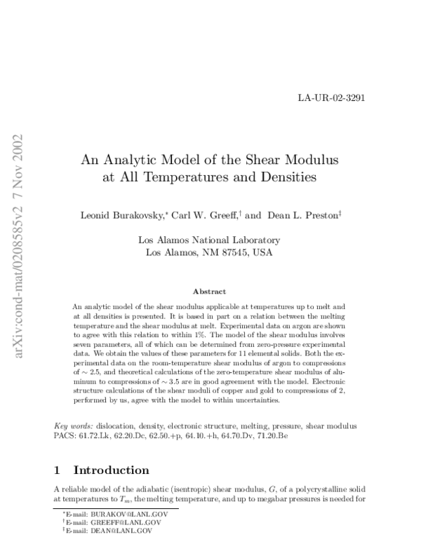 (PDF) Analytic model of the shear modulus at all temperatures and densities