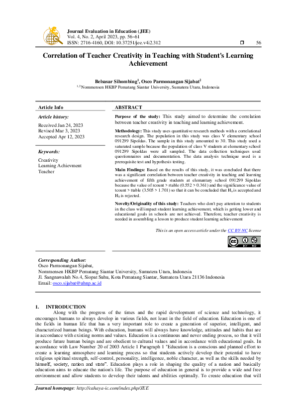 (PDF) Correlation of Teacher Creativity in Teaching with Student's ...