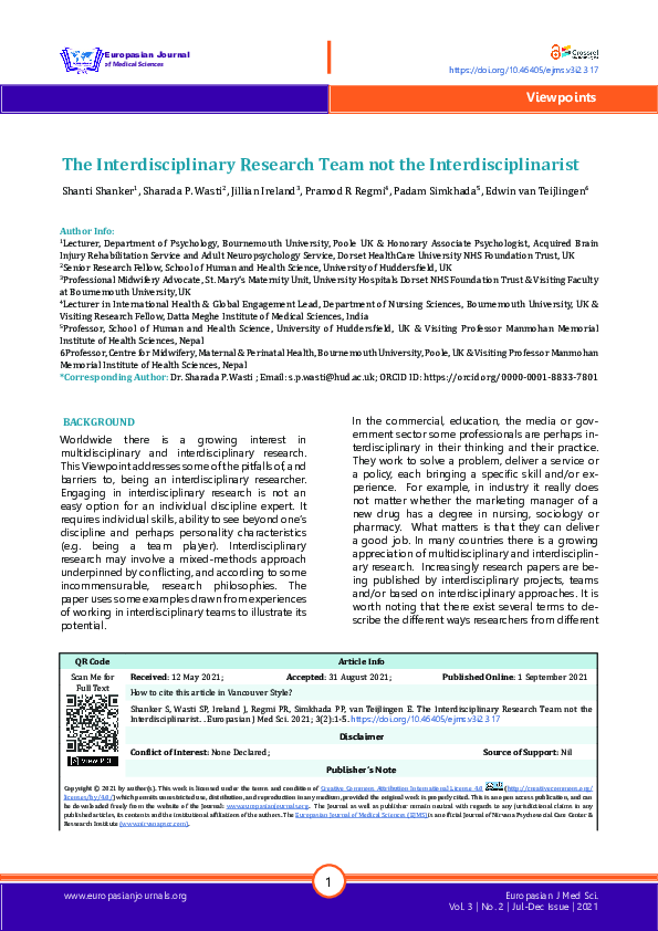 (PDF) The Interdisciplinary Team not the Interdisciplinarist ...