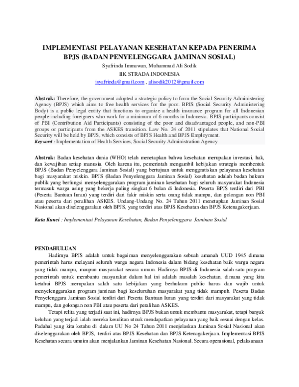 (PDF) IMPLEMENTASI PELAYANAN KESEHATAN KEPADA PENERIMA BPJS (BADAN PENYELENGGARA JAMINAN SOSIAL