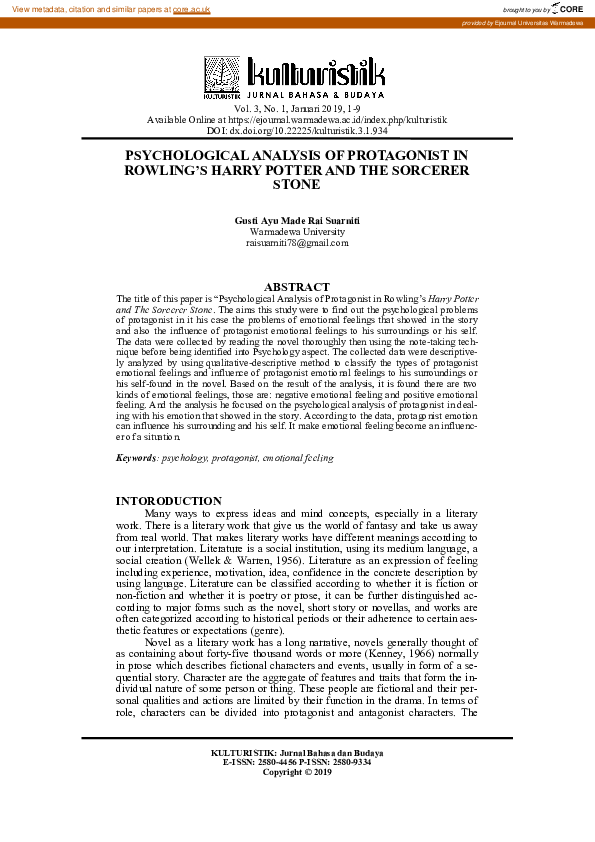 (PDF) Psychological Analysis of Protagonist in Rowling’s Harry Potter ...