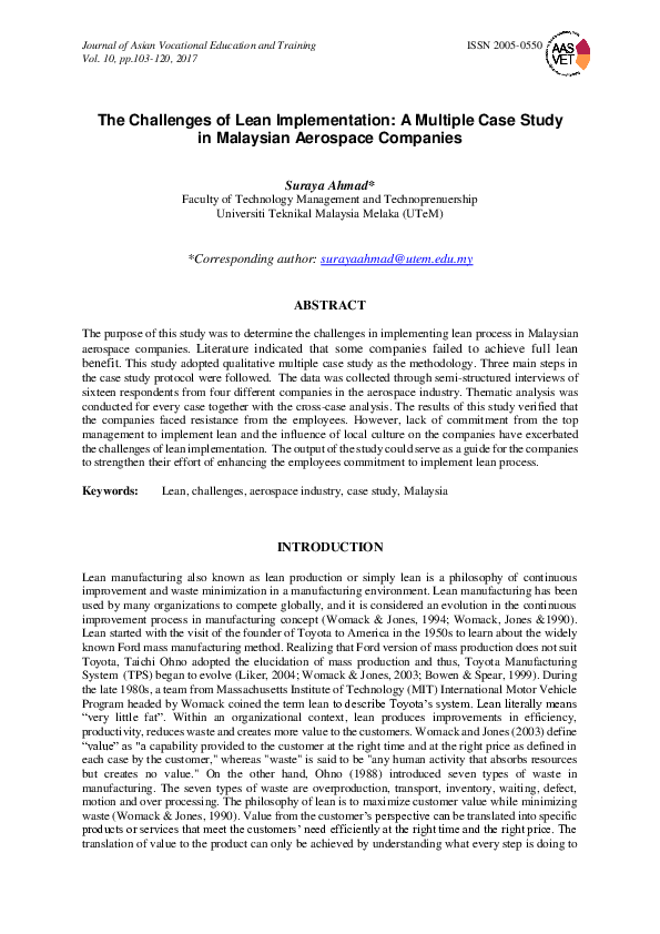 (PDF) The Challenges Of Lean Implementation: A Multiple Case Study In Malaysian Aerospace Companies