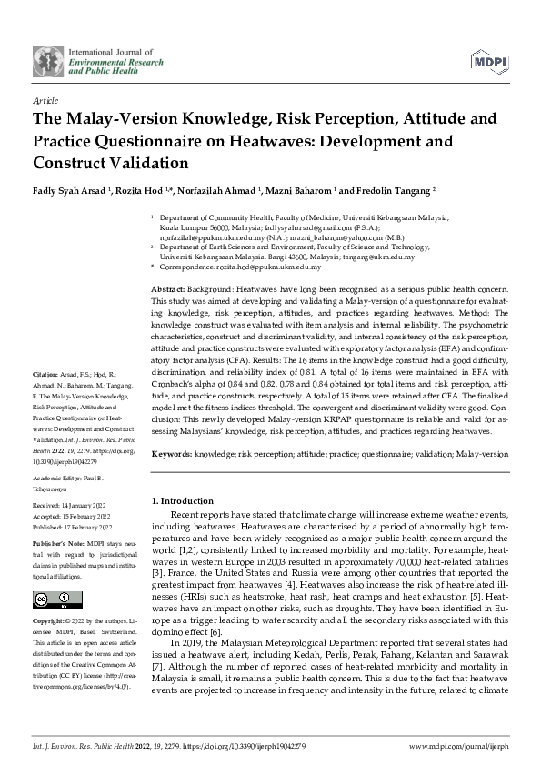 (PDF) The Malay-Version Knowledge, Risk Perception, Attitude and Practice Questionnaire on ...