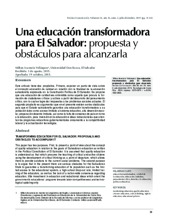 (PDF) Una Educación Transformadora Para El Salvador: Propuesta y Obstáculos Para Alcanzarla
