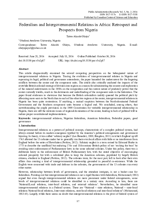 (PDF) Federalism and Intergovernmental Relations in Africa: Retrospect and Prospects from Nigeria