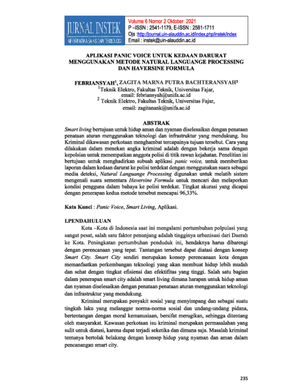 Pdf Aplikasi Panic Voice Untuk Kedaan Darurat Menggunakan Metode Natural Languange Processing