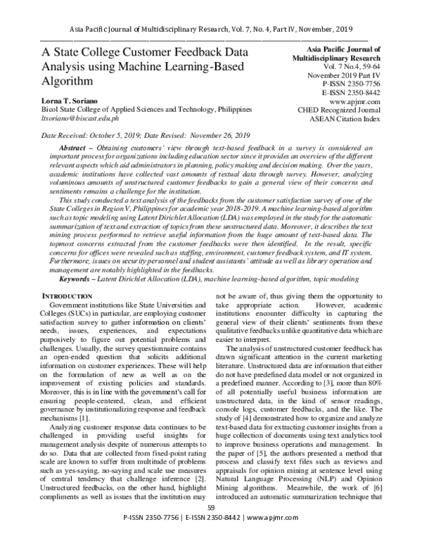 (PDF) A State College Customer Feedback Data Analysis using Machine Learning-Based Algorithm