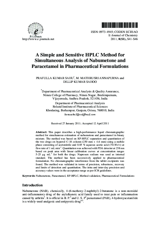 (PDF) A Simple and Sensitive HPLC Method for Simultaneous Analysis of Nabumetone and Paracetamol ...