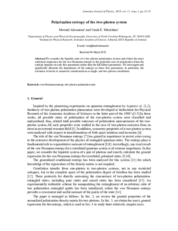 (PDF) Polarization entropy of the two-photon system