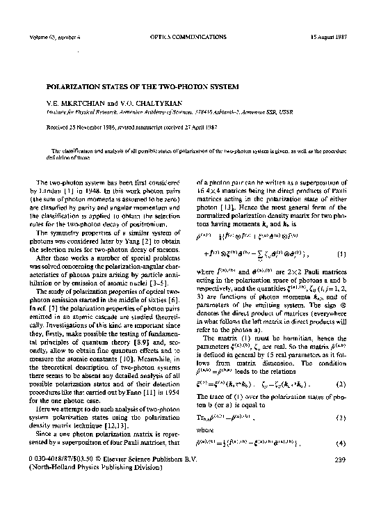 Pdf Polarization States Of The Two Photon System