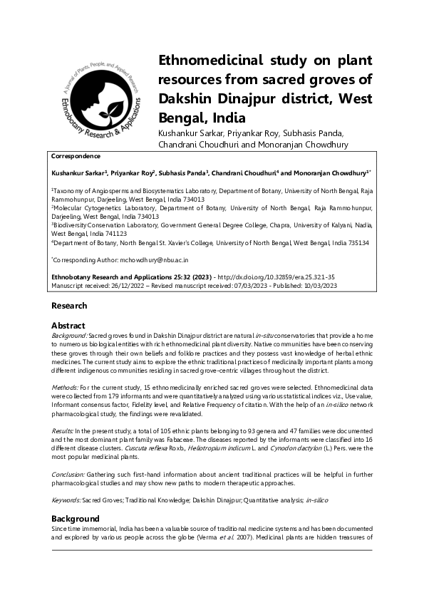 (PDF) Ethnomedicinal study on plant resources from sacred groves of Dakshin Dinajpur district ...