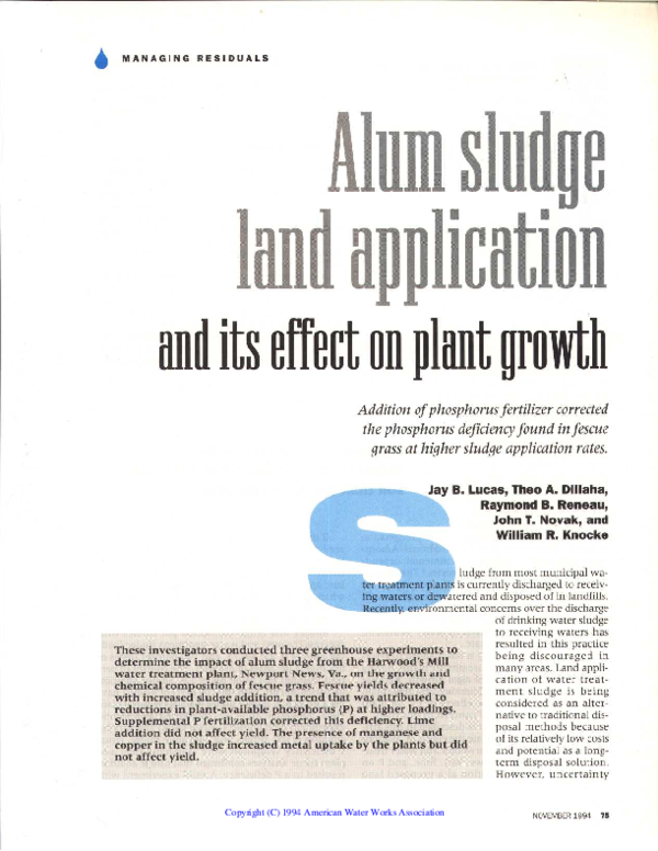 (PDF) Alum sludge land application and its effect on plant growth