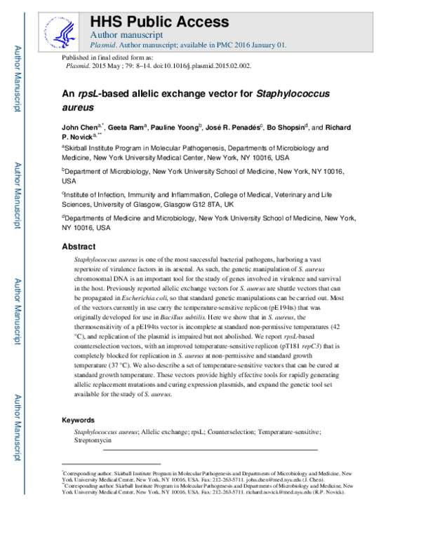 (PDF) An rpsL-based allelic exchange vector for Staphylococcus aureus ...