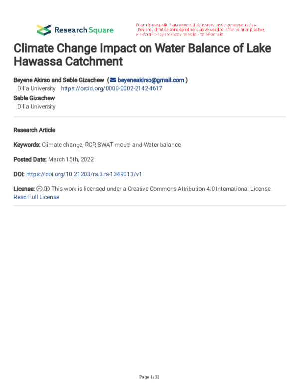 (PDF) Climate Change Impact on Water Balance of Lake Hawassa Catchment
