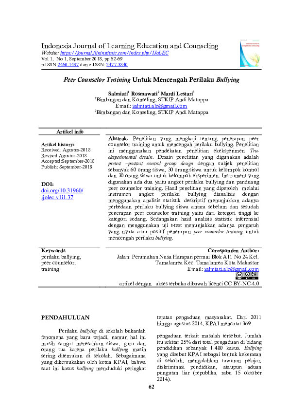 (PDF) Peer Counselor Training Untuk Mencengah Perilaku Bullying