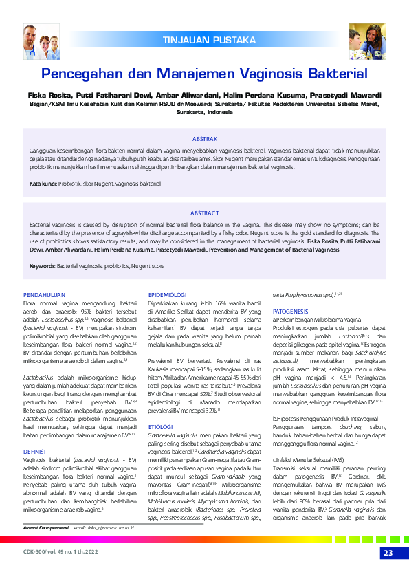 (PDF) Pencegahan dan Manajemen Vaginosis Bakterial