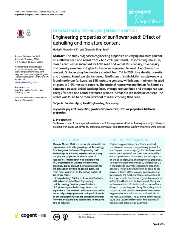 (PDF) Engineering properties of sunflower seed: Effect of dehulling and ...