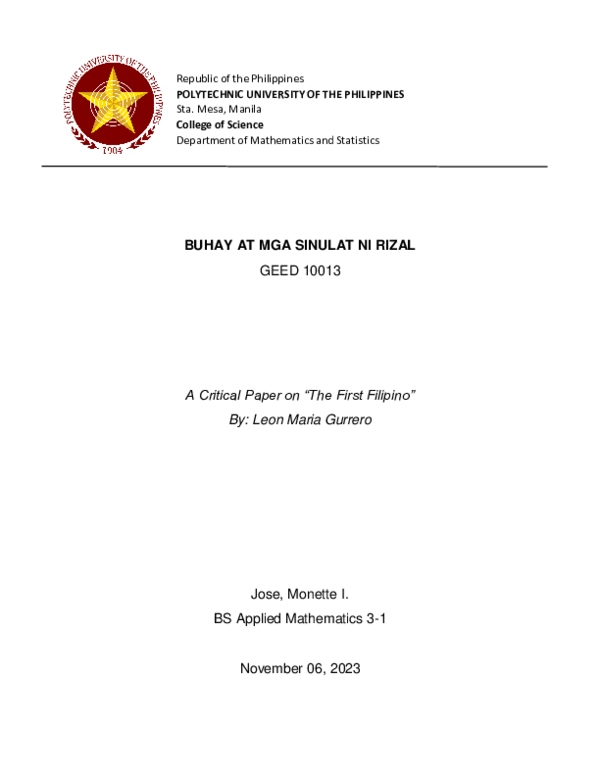(PDF) Activity 1: A Critical Paper about "The First Filipino" by Leon ...