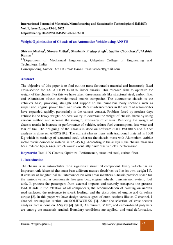 (PDF) Weight Optimization of Chassis of an Automotive Vehicle using ANSYS