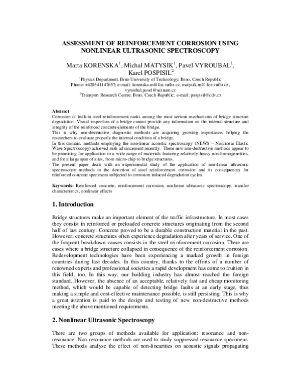 Pdf Assessment Of Reinforcement Corrosion Using Nonlinear Ultrasonic Spectroscopy