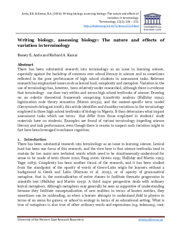 (PDF) Writing biology, assessing biology