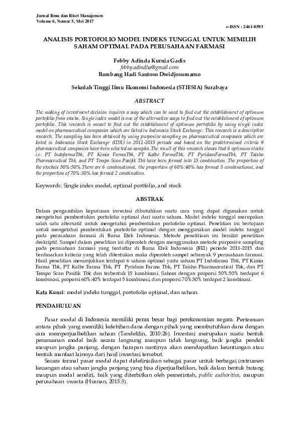 Pdf Analisis Portofolio Model Indeks Tunggal Untuk Memilih Saham