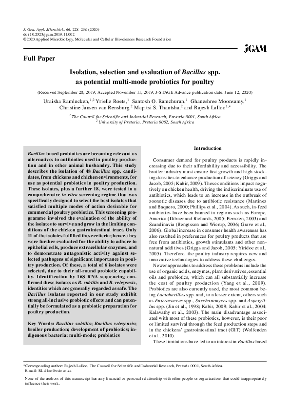 (PDF) Isolation, selection and evaluation of Bacillus spp. as potential multi-mode probiotics ...