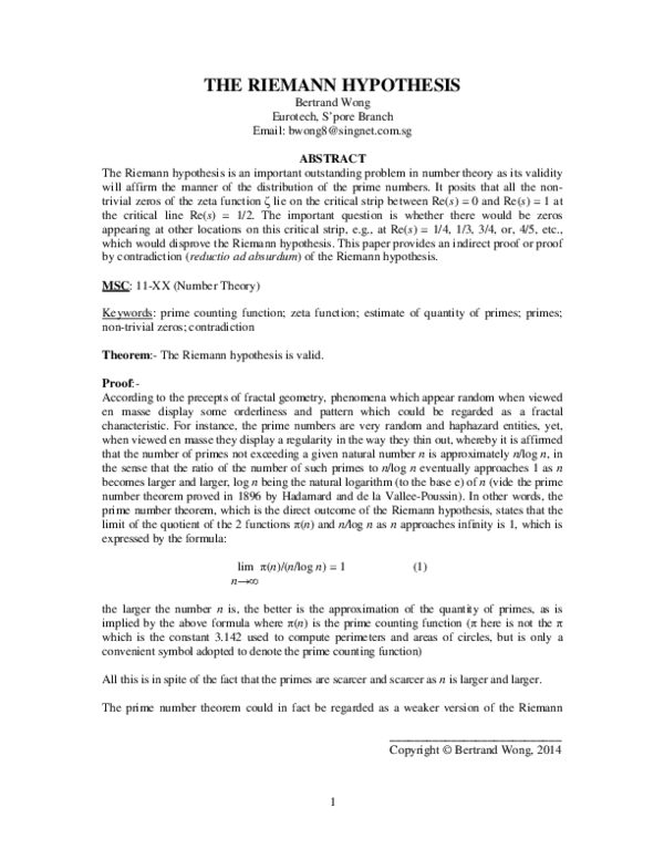 (PDF) The Riemann Hypothesis