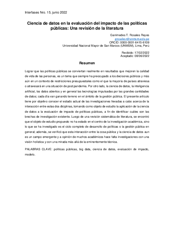 (PDF) Ciencia de datos en la evaluación del impacto de las políticas públicas: Una revisión de ...