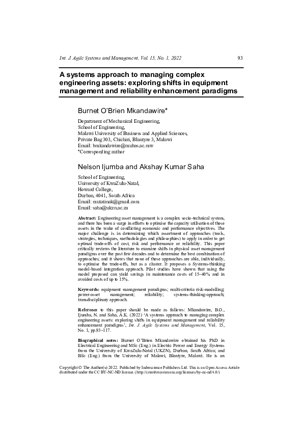 (PDF) A systems approach to managing complex engineering assets ...